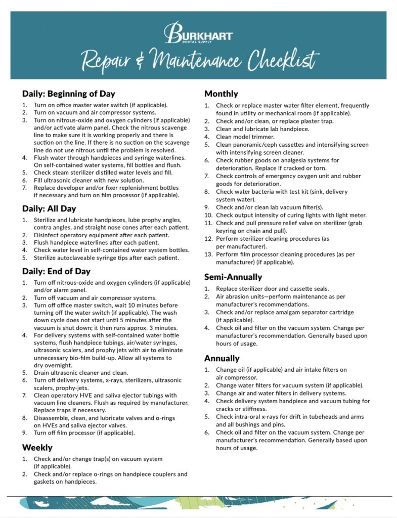Repair & Maintenance Checklist - Burkhart Dental Supply